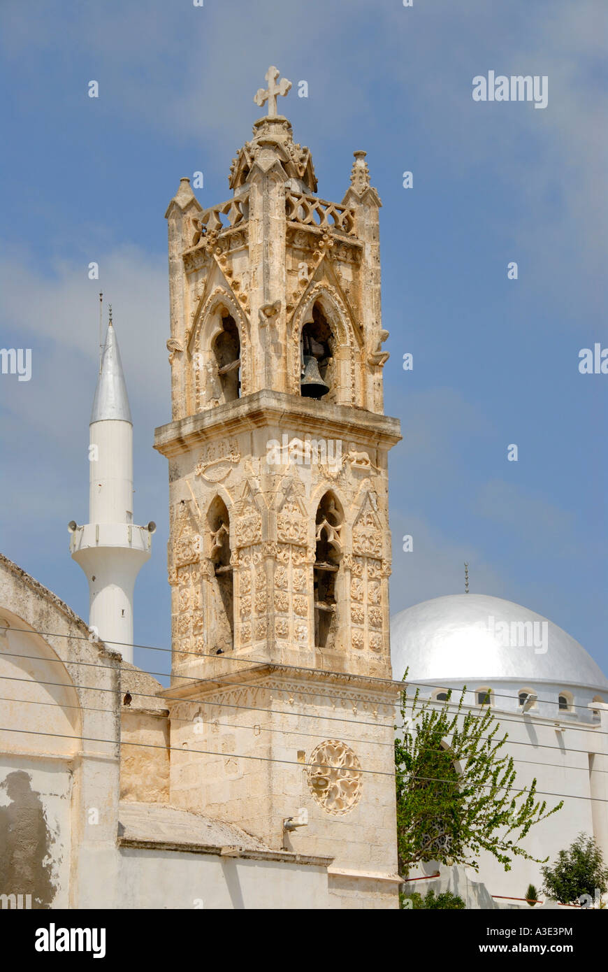 Symbolic neighbourhood towers of church and mosque in Dipkarpaz Karpaz ...