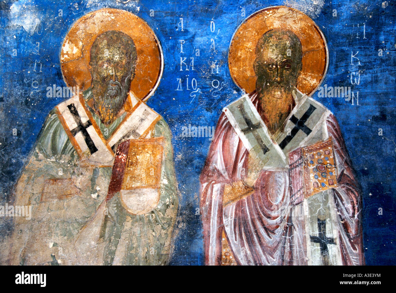Byzantine wall painting two bishops with the bible in monastery ...