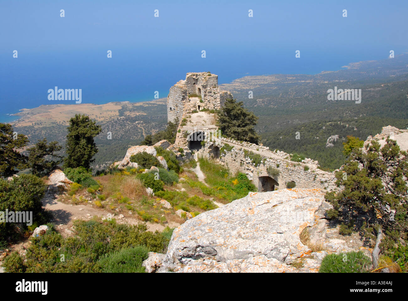 View into mediterranian coast landscape from ruined crusaders castle ...