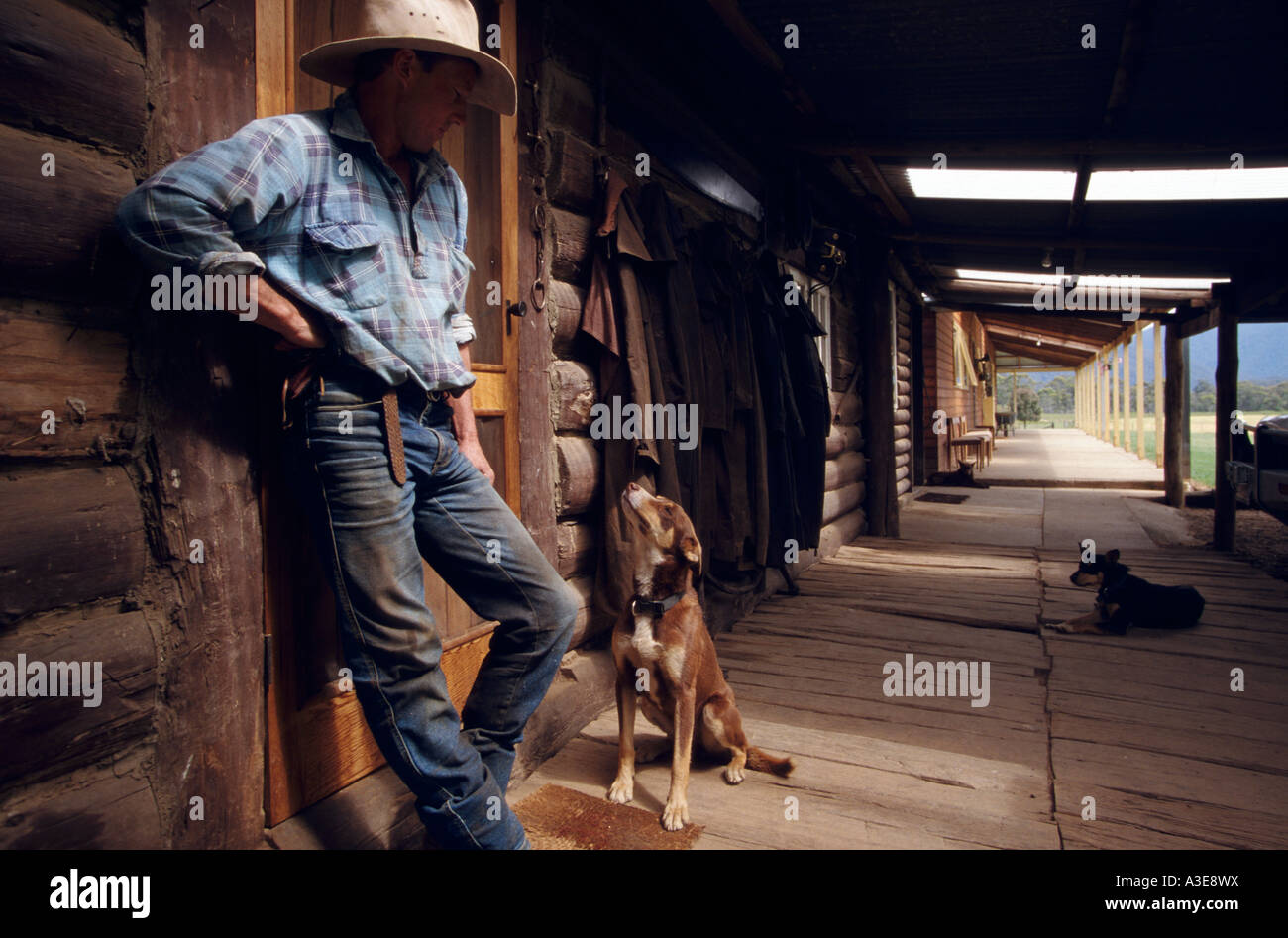 Stockman outside original log cabin where he lived as a child, NE ...