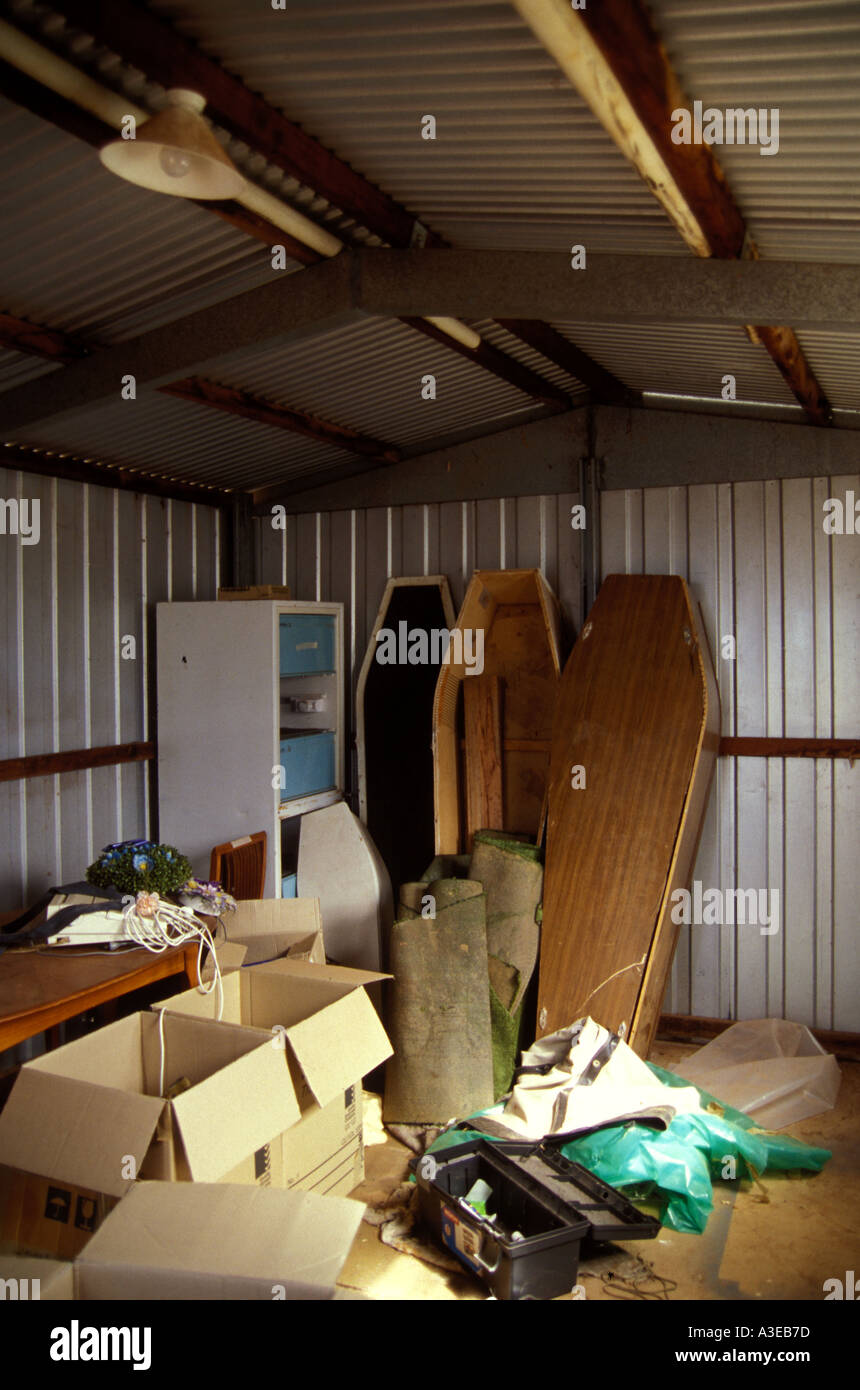 coffins in shed 0626 Stock Photo - Alamy