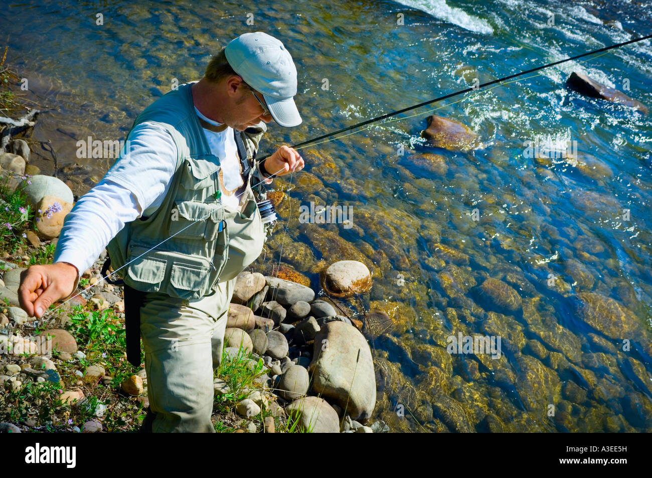 Man fly fishing Stock Photo - Alamy