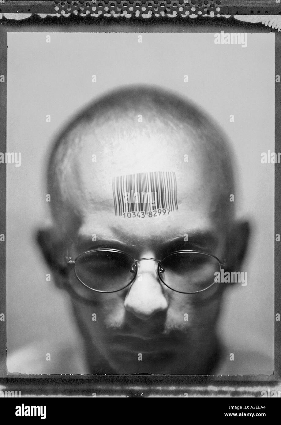 STRANGE FACE WITH BAR CODE ON FOREHEAD Stock Photo - Alamy