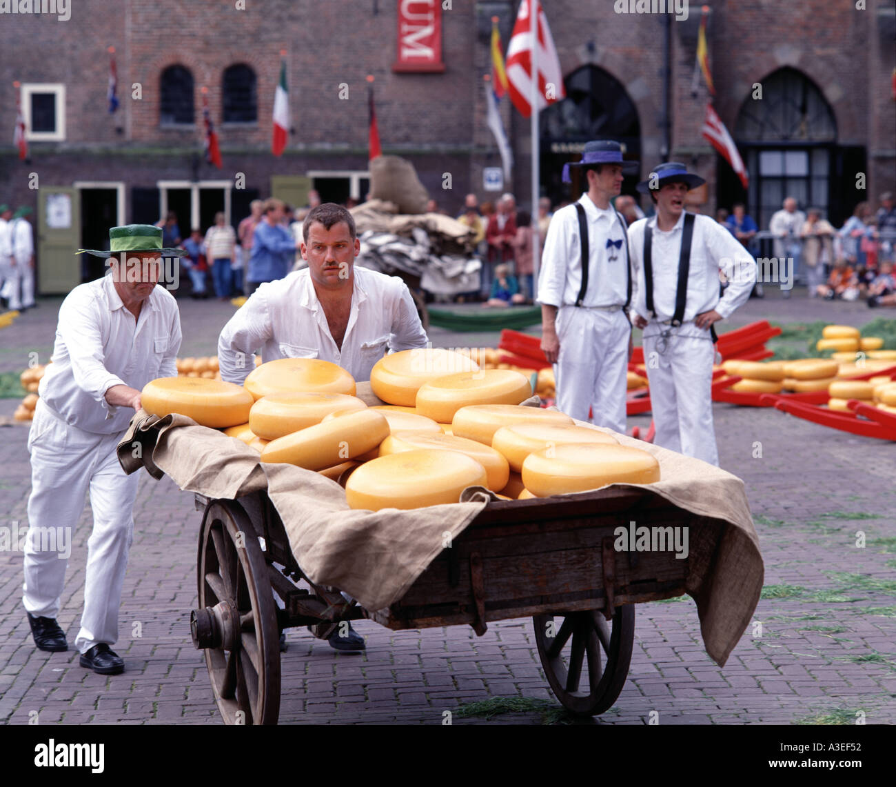 Pushing cheese cart at Alkmaar cheese auction Stock Photo - Alamy