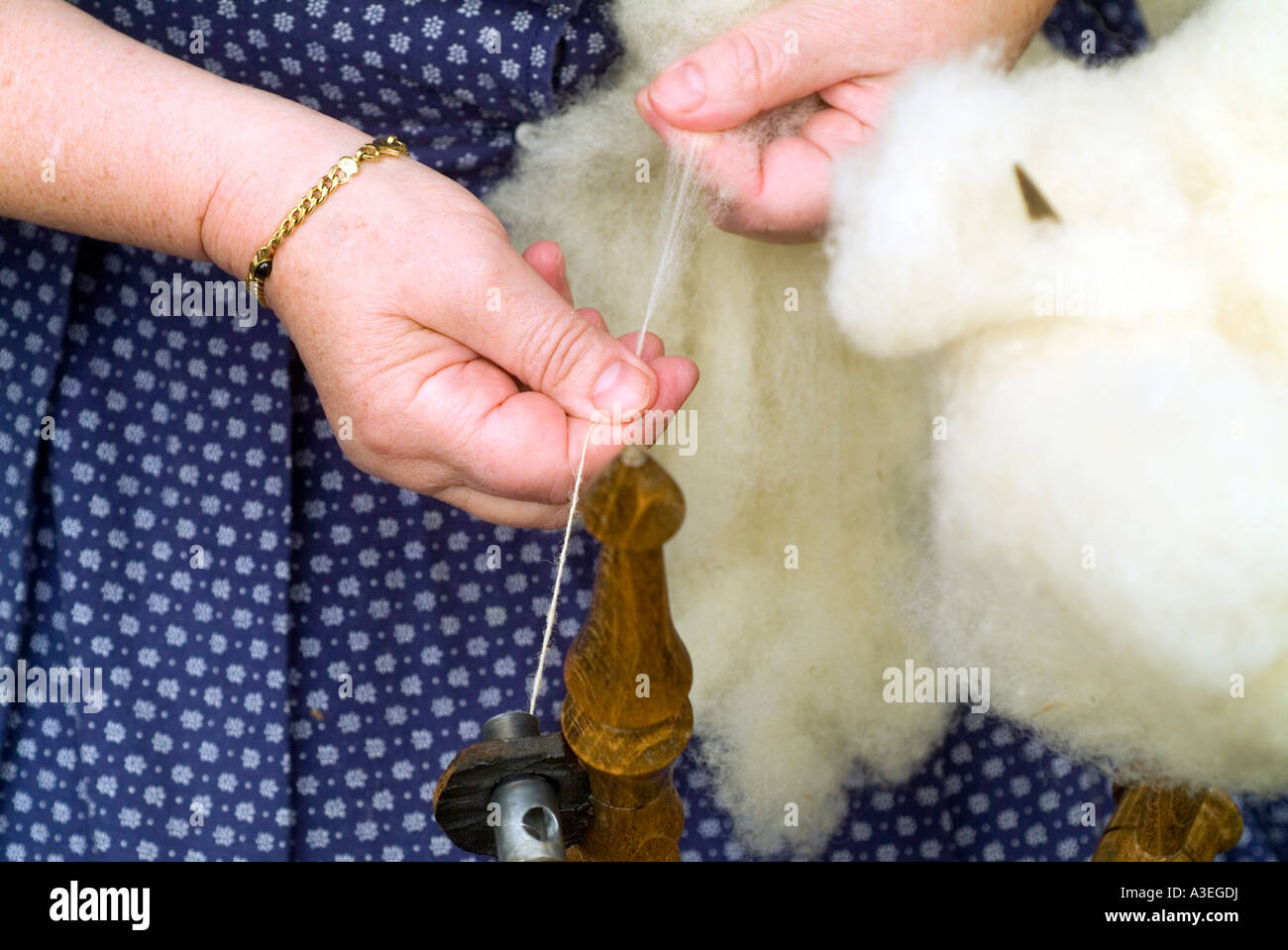 A Woman is spinning Sheep Wool on a Spinning Wheel Stock Photo - Alamy