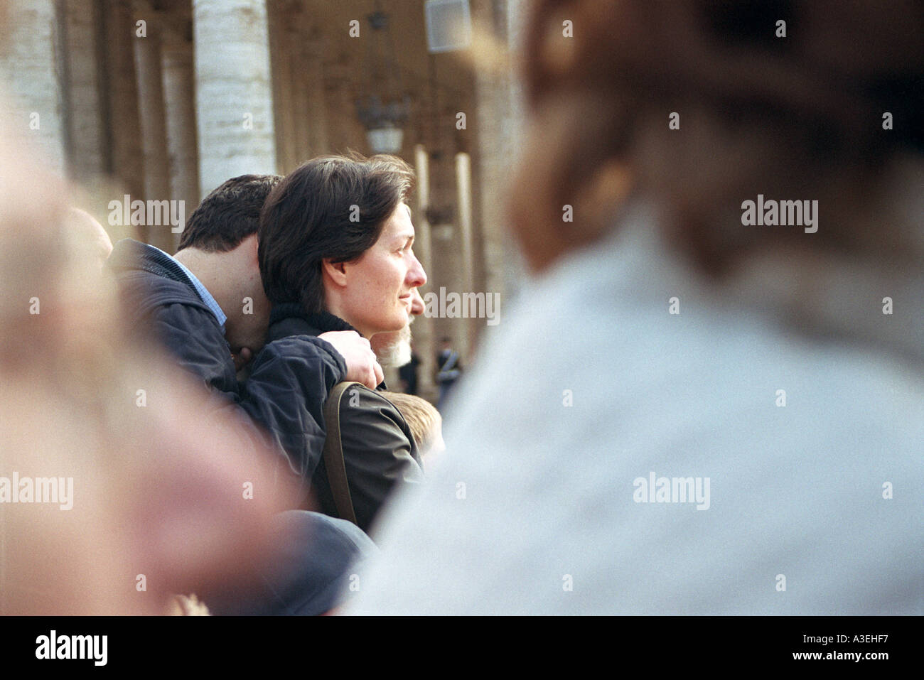 man resting head on woman s shoulder in crowd Pope s Death Rome Apr ...