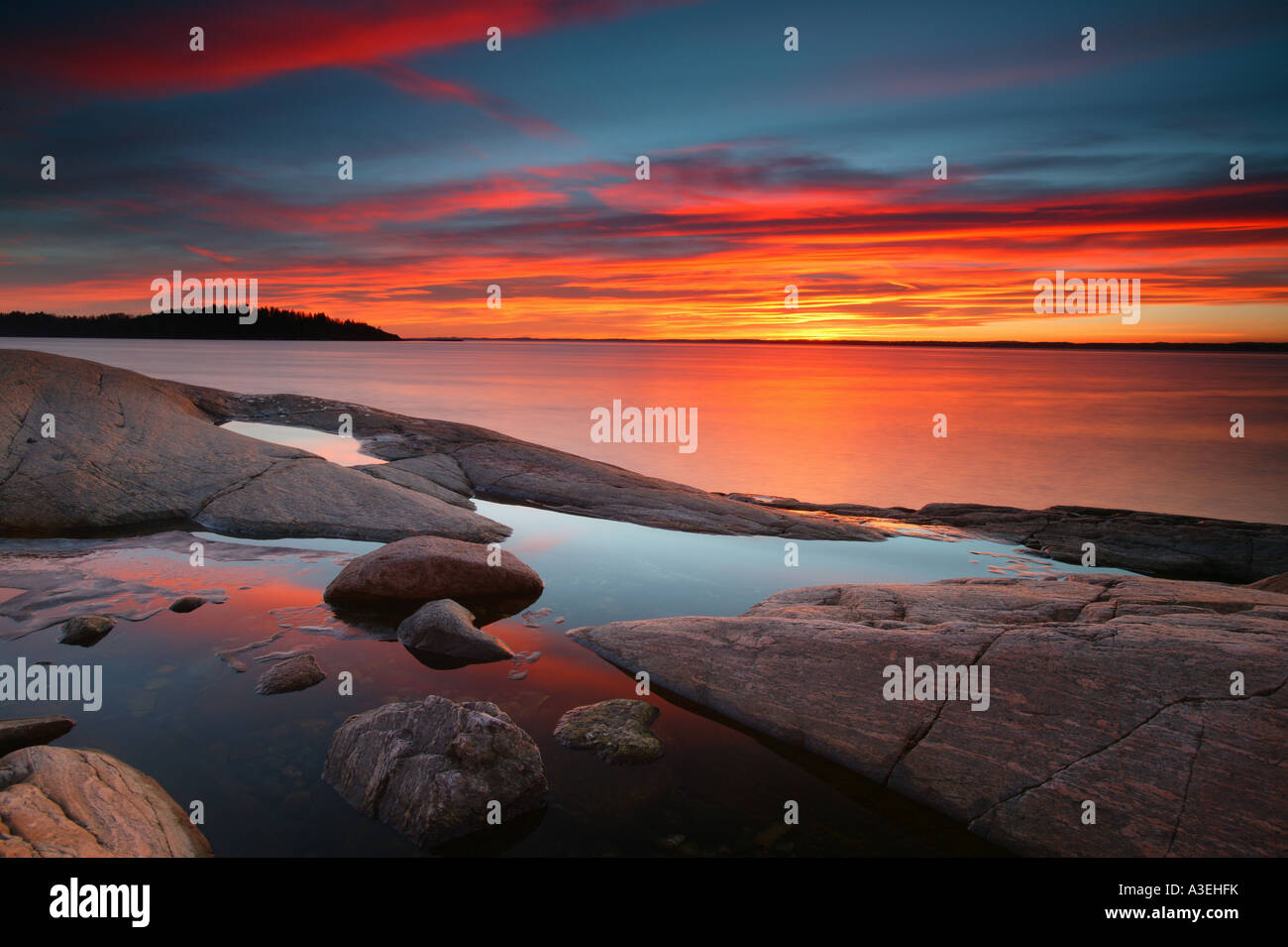Sunset by the Oslofjord at Larkollen in Rygge kommune, Østfold fylke ...