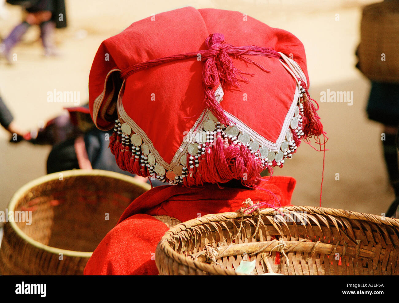 A Red Hmong headdress complete with old French coins from Sa Pa in ...