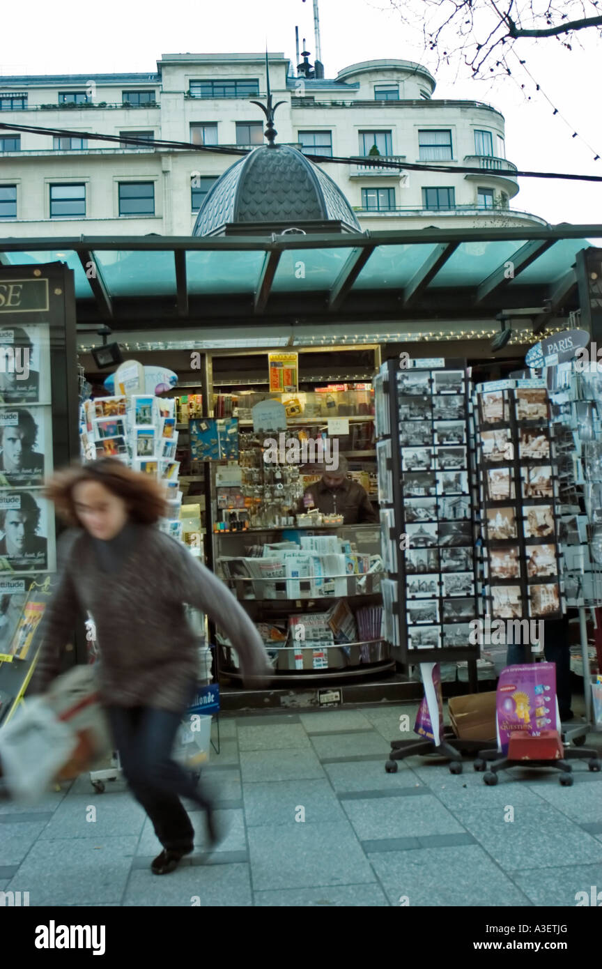 Paris France, Woman, Shopping Newsstand Kiosk on "Avenue Champ Elysees ...