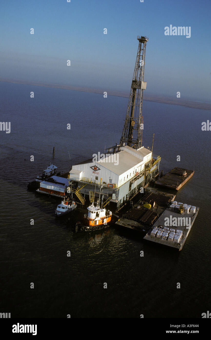 aerial view of offshore oil rig in Gulf of Mexico near Homa Louisiana ...
