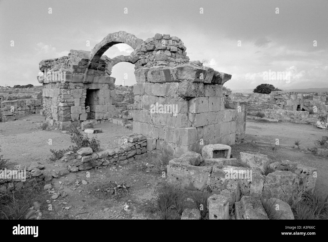 Ruined Arches of Byzantine Fort Paphos Cyprus with Lighthouse in the ...