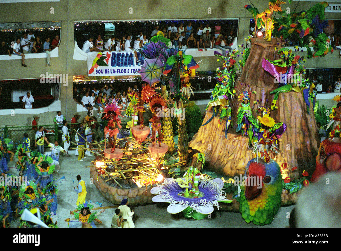 Men and women in costume parading on a tropical themed float in Rio ...