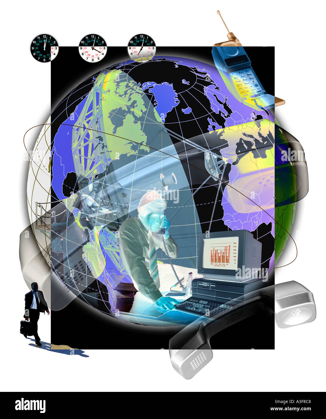 Communications collage globe and phones Stock Photo - Alamy