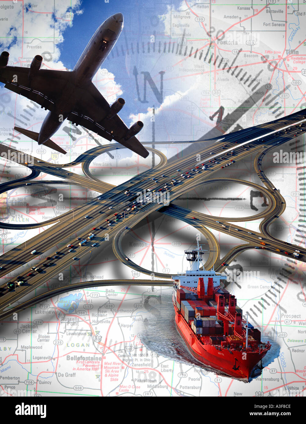 Transportation is the theme of this digital collage representing land ...