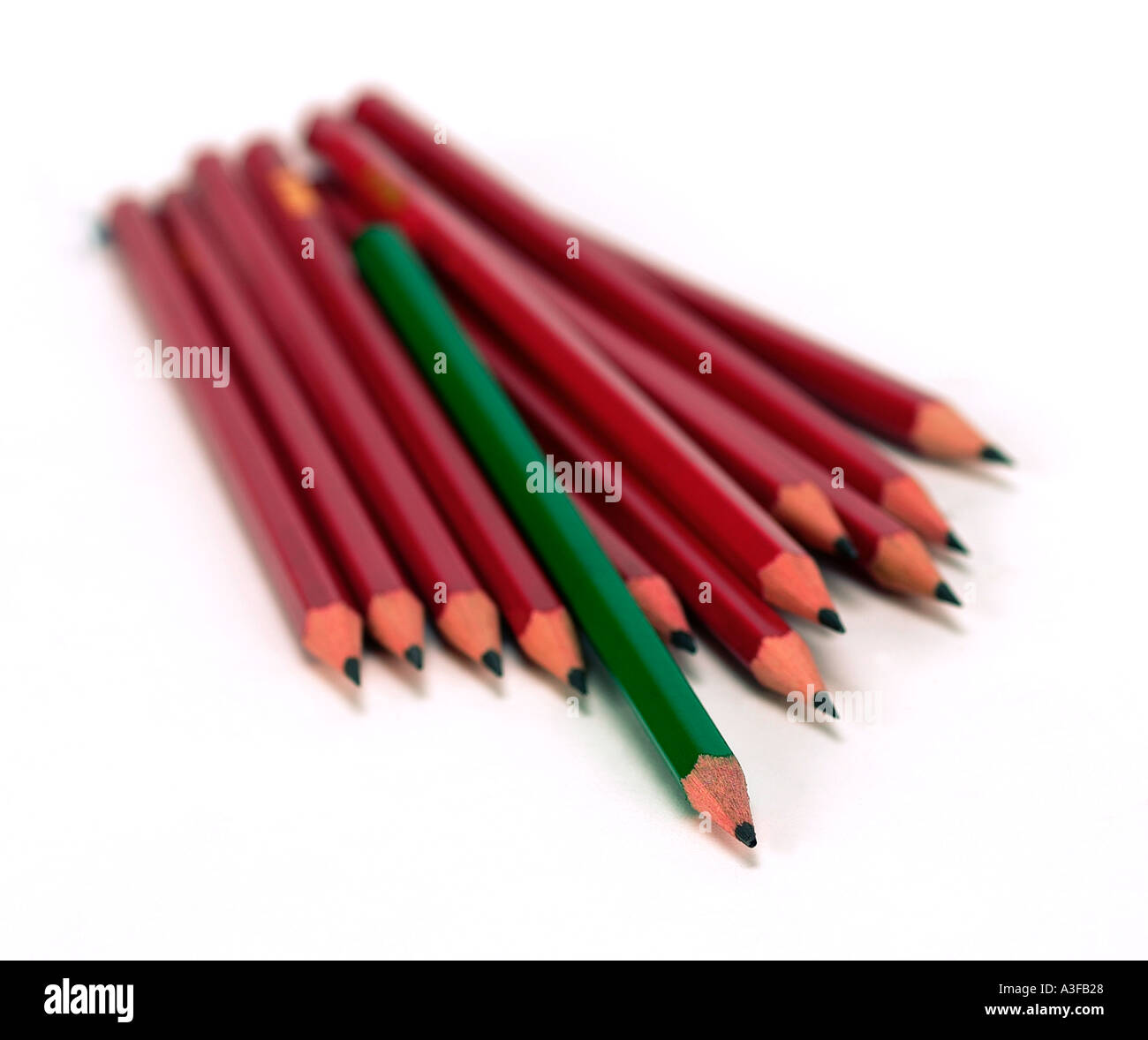 RED PENCILS WITH ONE GREEN PENCIL ON A WHITE BACKGROUND Stock Photo - Alamy