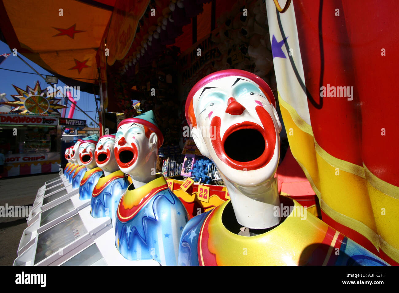 LAUGHING CLOWNS AT FAIRGROUND HORIZONTAL BAPDB8980 Stock Photo - Alamy