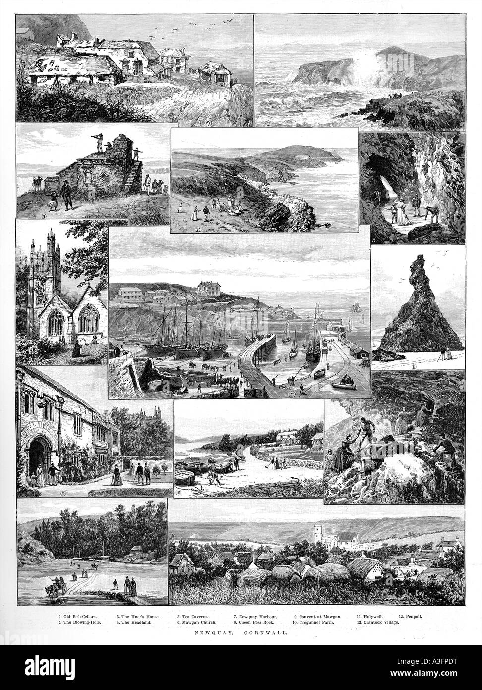 Newquay Cornwall 1891 Victorian engraving of scenes in and around the ...