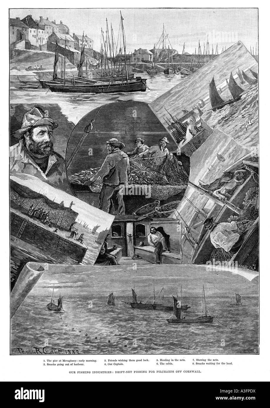 Cornish Pilchard Fishing 1883 Victorian engraving of scenes of drift ...