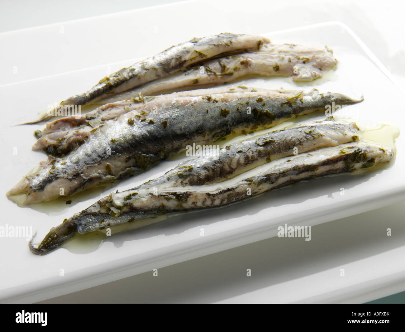 Spanish boquerones on a white platter tapas editorial food Stock Photo ...