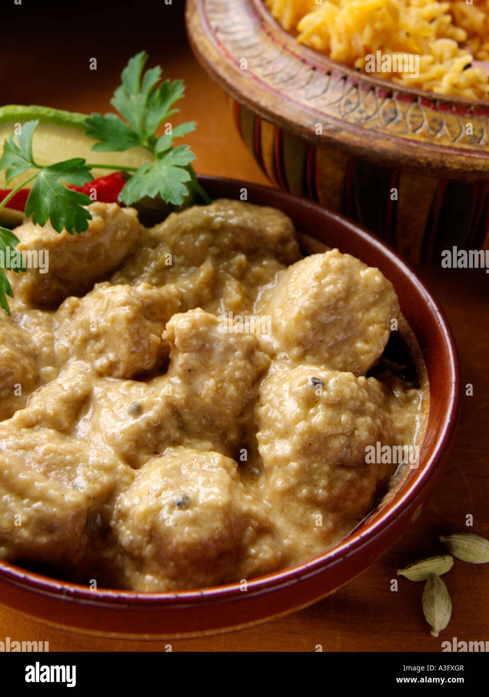 Indian chicken korma curry with saffron rice editorial food Stock Photo ...