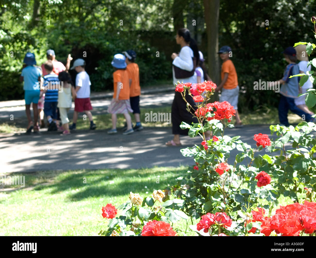 schoolchildren on outing with teacher Stock Photo - Alamy