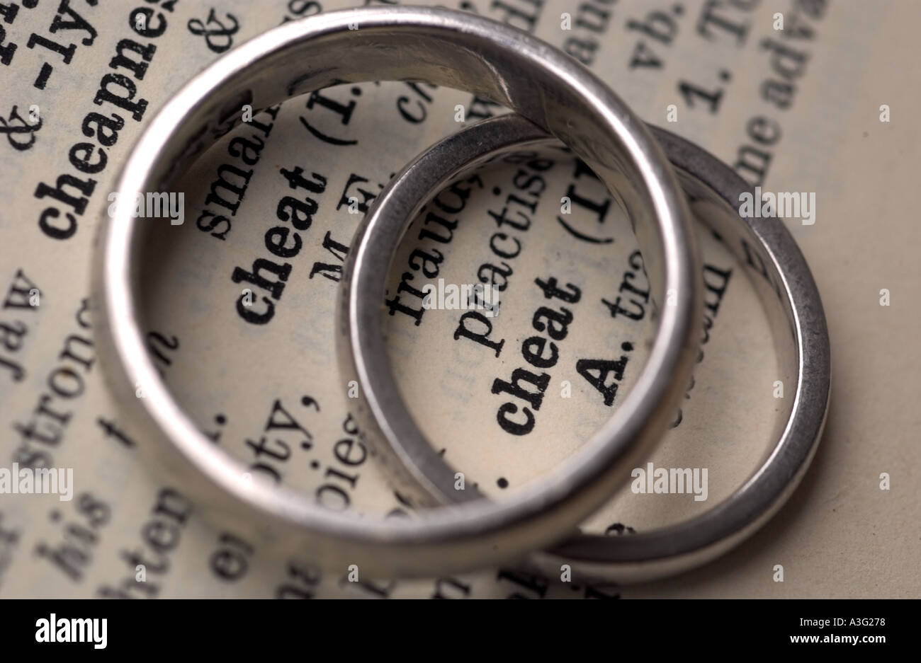 Wedding rings on a dictionary showing the word cheat Stock Photo - Alamy