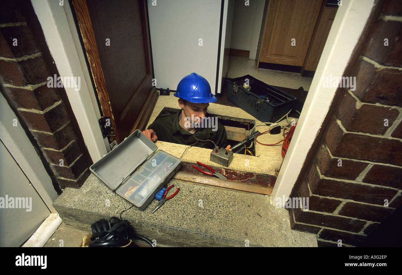 engineer working under house floorboards Stock Photo - Alamy