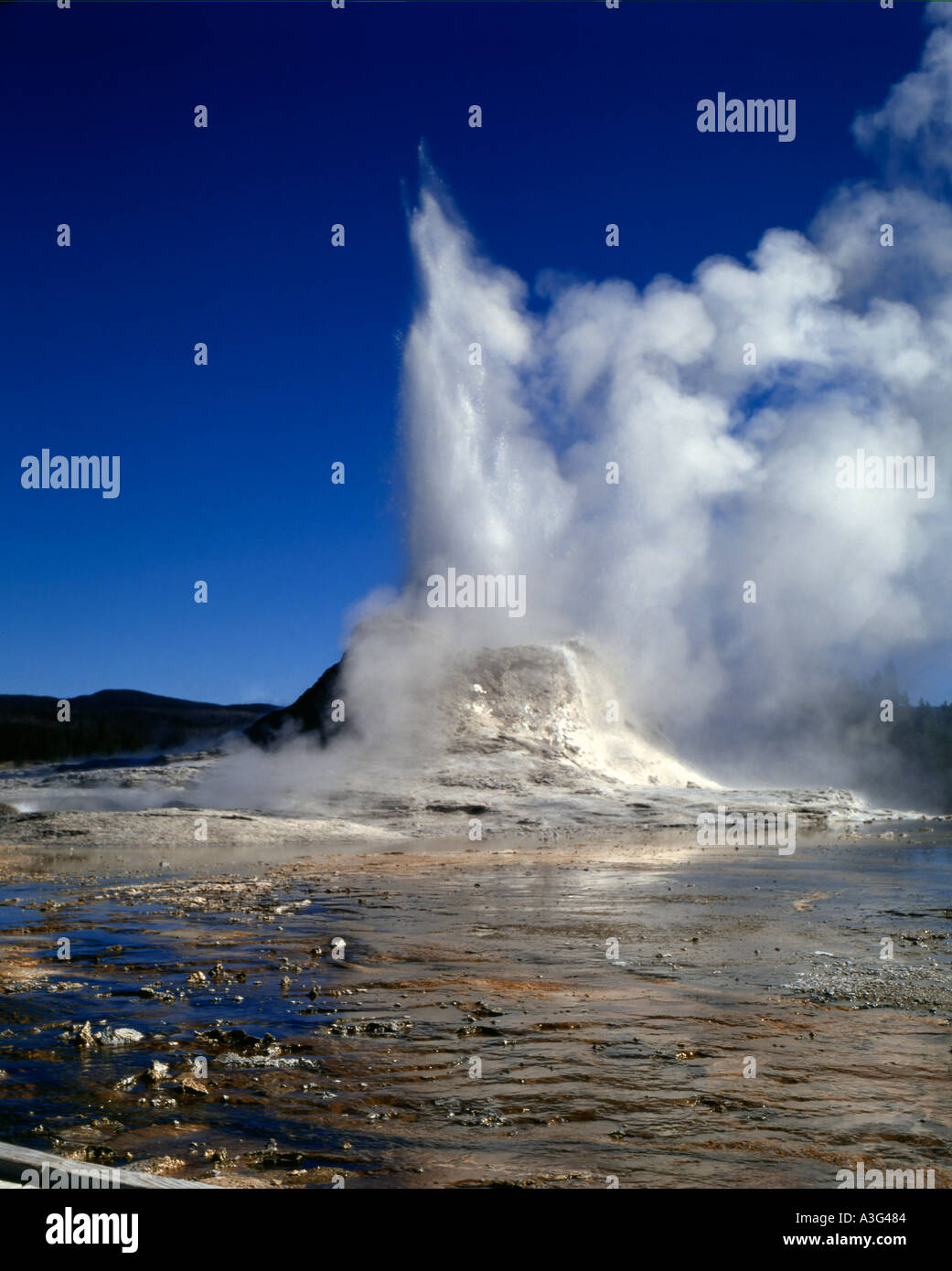 Castle Geyser in Yellowstone National Park erupting with hot water and ...