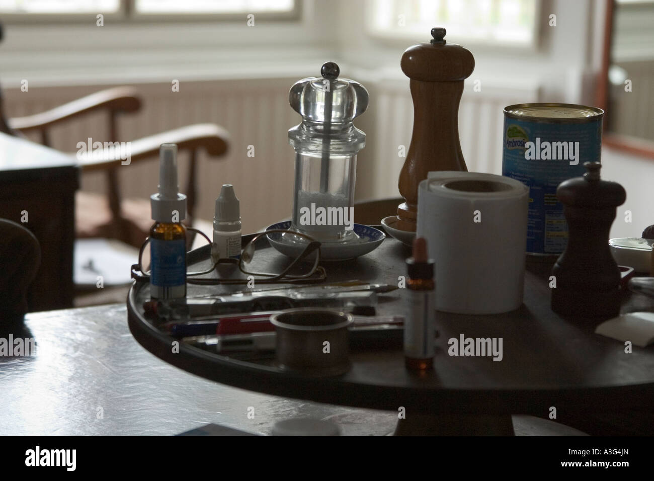 A 'Lazy Susan' on a kitchen table carrying a variety of objects Stock ...
