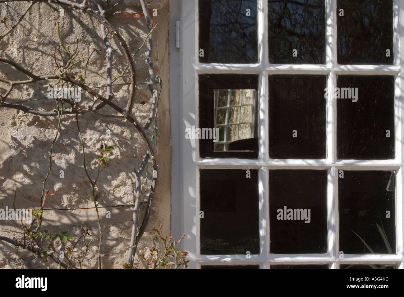 Exterior window looking into the house, an interior mirror reflects ...