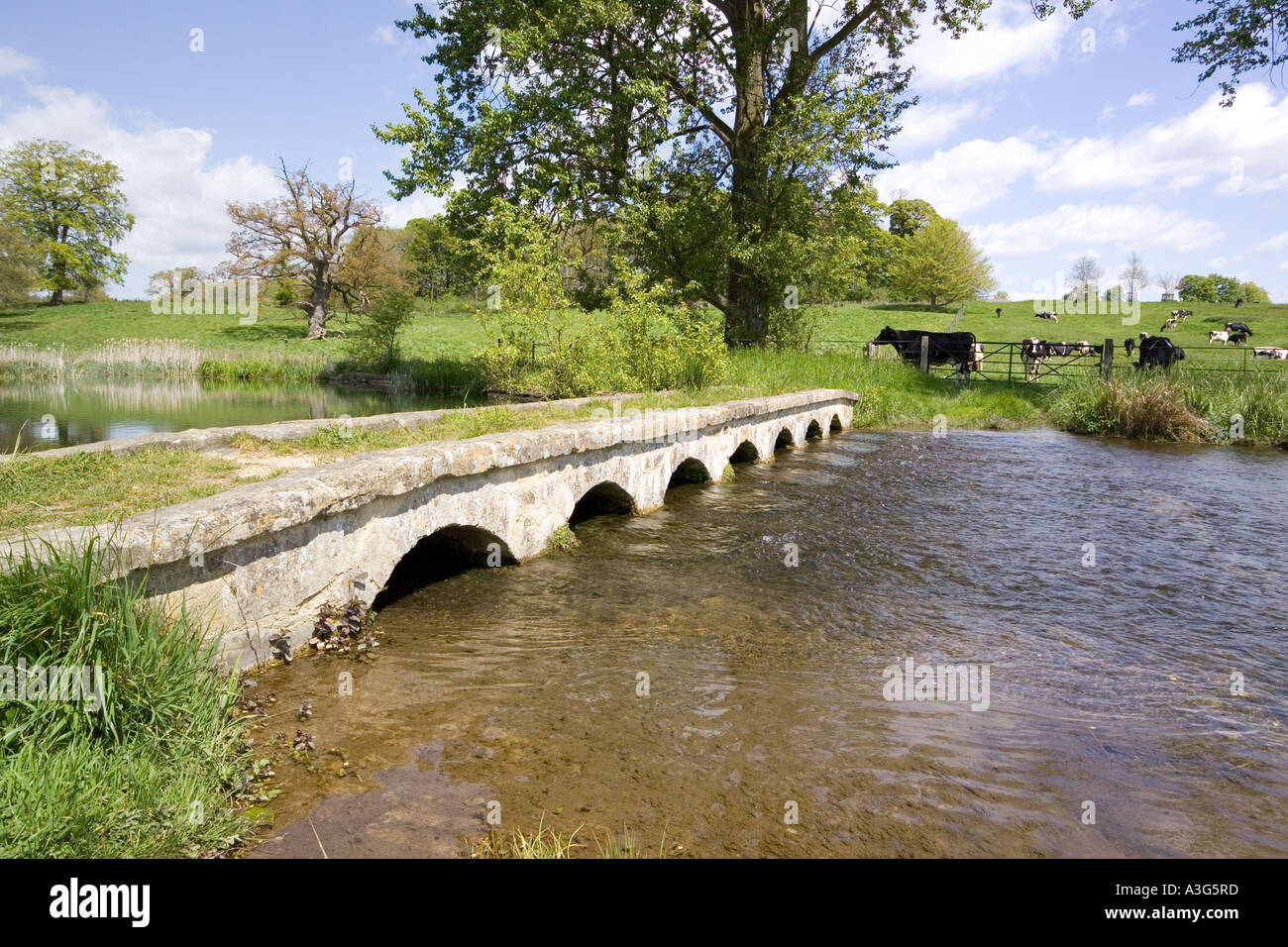Bridge and ford across the Sherborne Brook at the Cotswold village of ...
