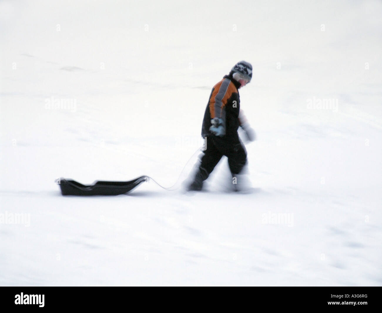 boy pulling sledge in snow Stock Photo - Alamy