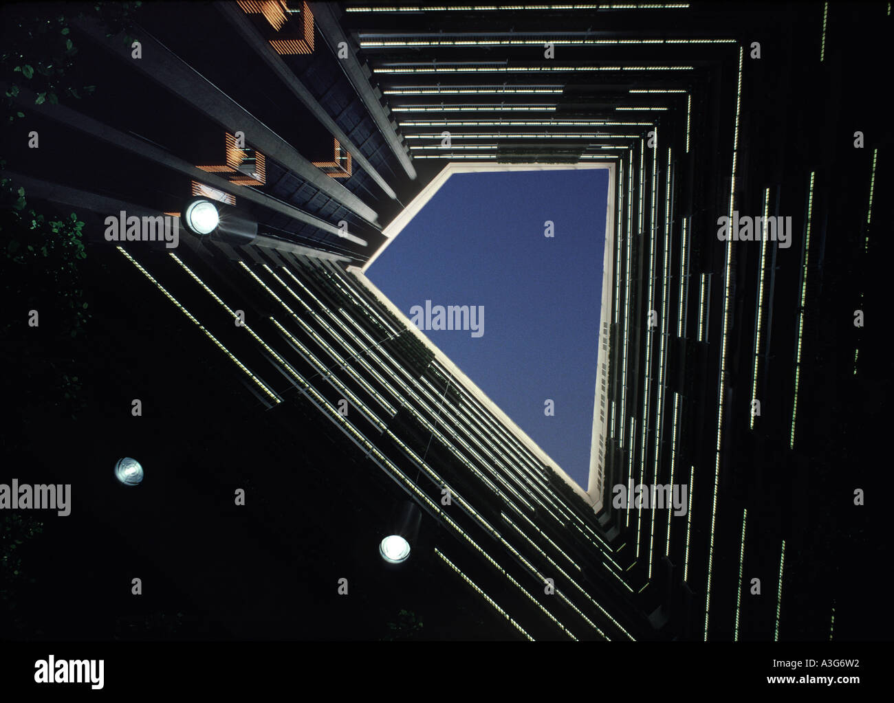 Abstract ants eye view photograph of a multi-storied building that ...