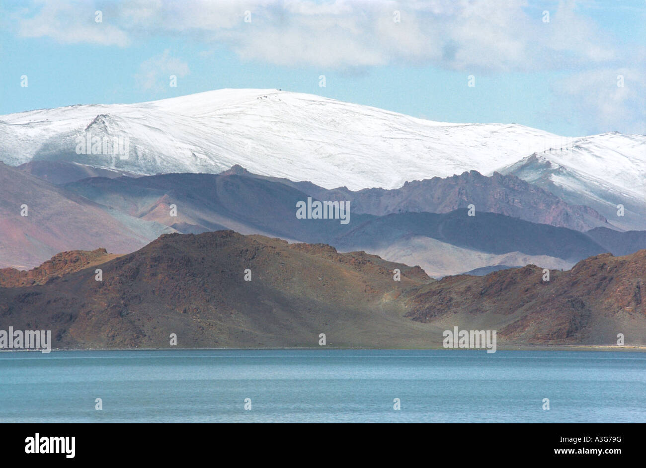 Tolbo Nuur Lake at sunrise after snowfall. Mongolian Altai. Bayan-Ulgi ...