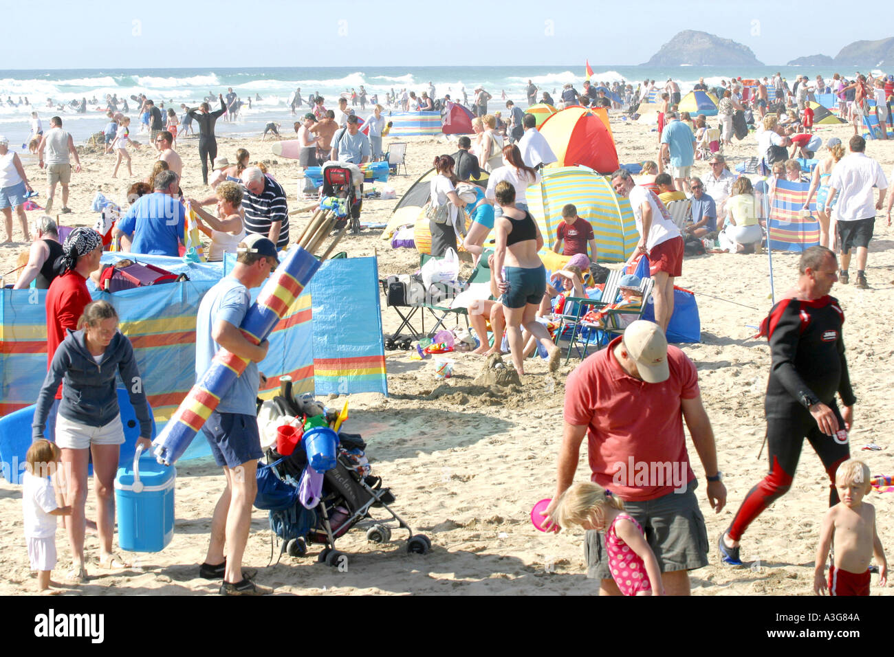 A very busy Perranporth Beach Cornwall UK Stock Photo - Alamy