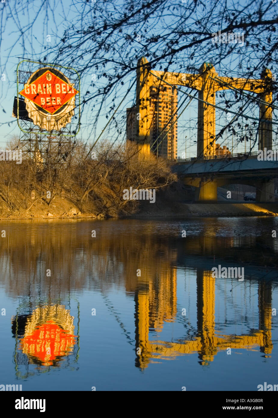 Grain Belt Beer sign on Mississippi River, Minneapolis, Minnesota Stock ...