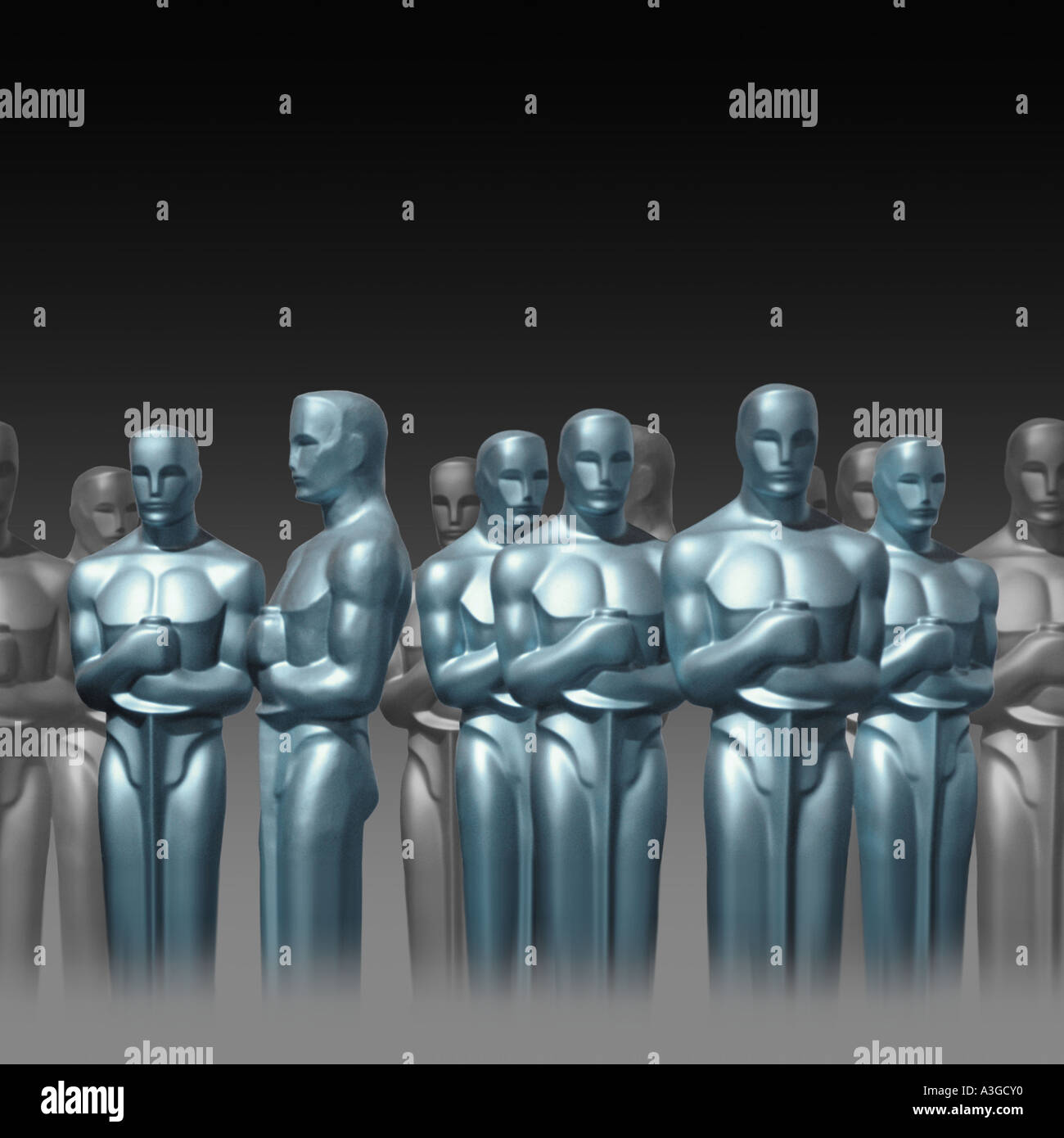 Group of light blue and grey Oscar statues in an imaginary setting ...