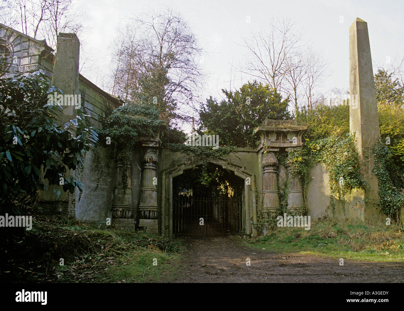 Ornate gateway with pillars known as Egyptian Avenue within Highgate ...
