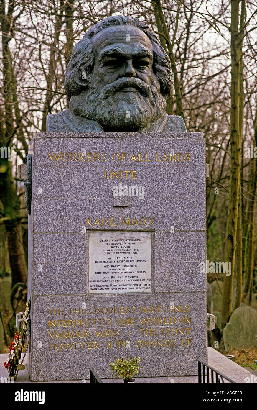 large bust of Karl Marx on a massive granite headstone in the Newer ...