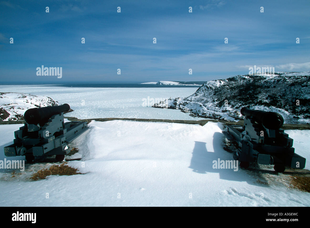 The cannons of Queen Elizabeth Battery overlook a frozen in Fort ...