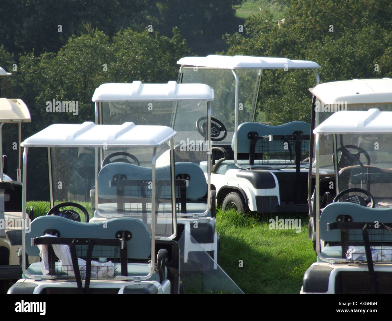 golf buggies on course Stock Photo - Alamy