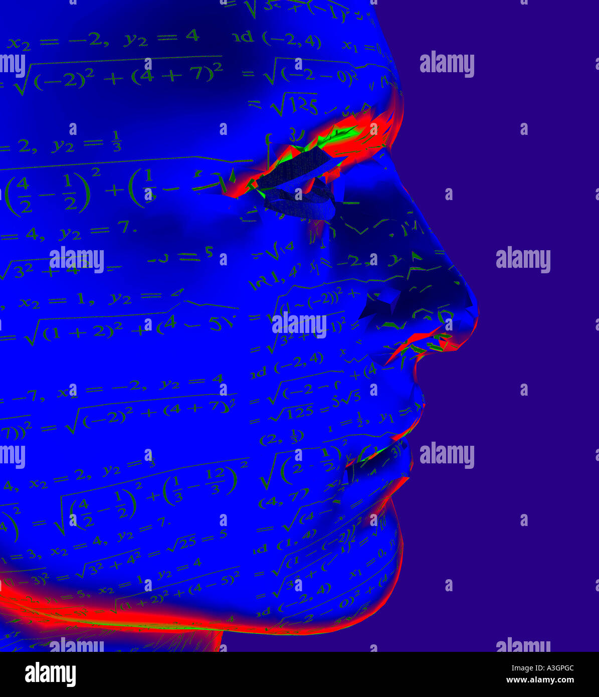 abstract computer generated male robot head with symbols projected on ...