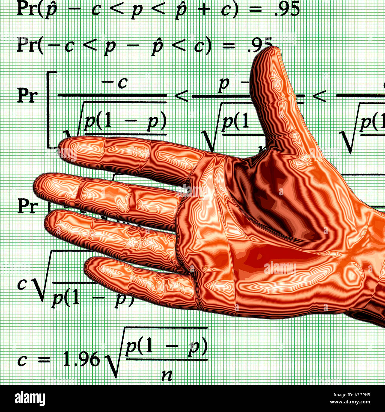 3D computer generated hand composited on graph chart of symbols Stock ...