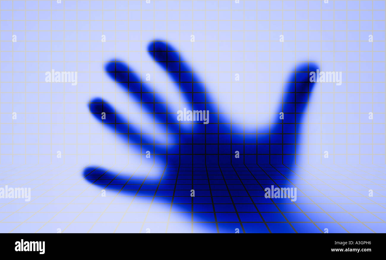 conceptual view of a grasping blurred hand behind frosted glass window ...