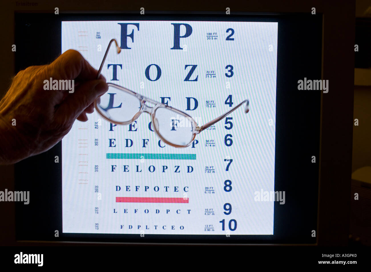 hand holding glasses in front of eye chart Stock Photo - Alamy
