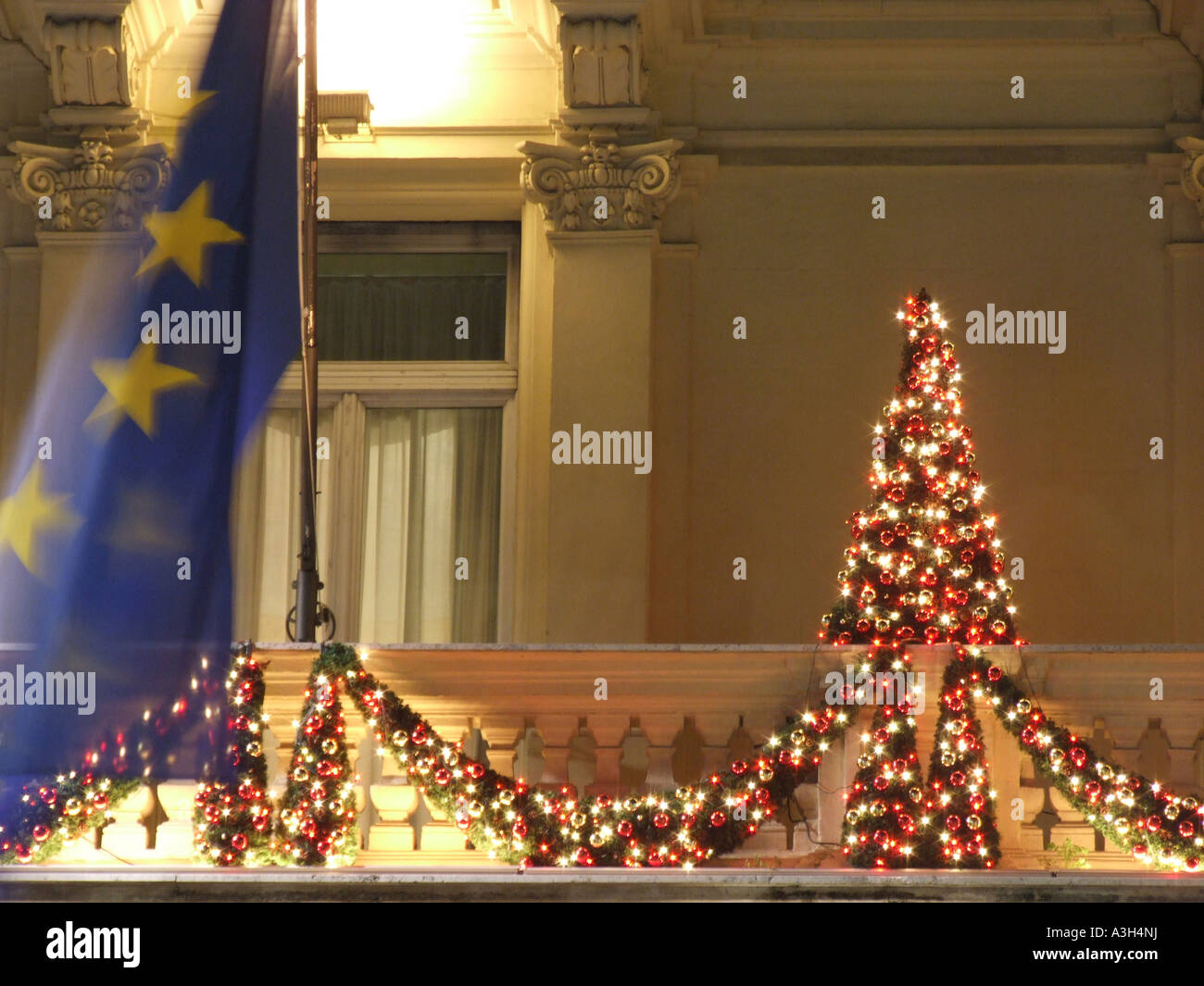 eu flag and christmas lights outside excelsior hotel on via vento in ...