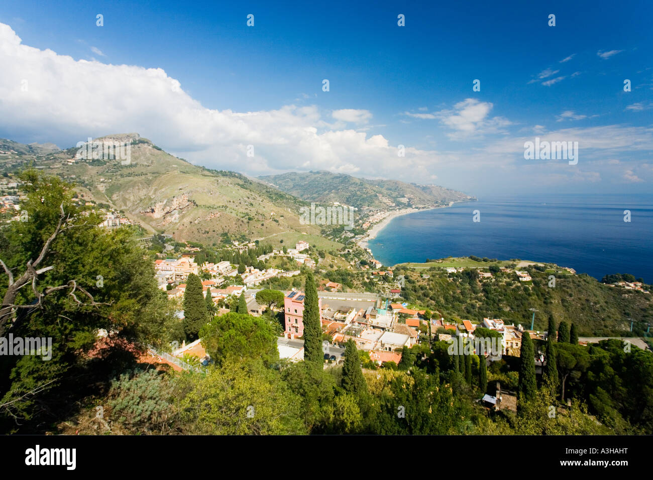 Sicilian coast and sea on summers day in sunshine with blue sky looking ...