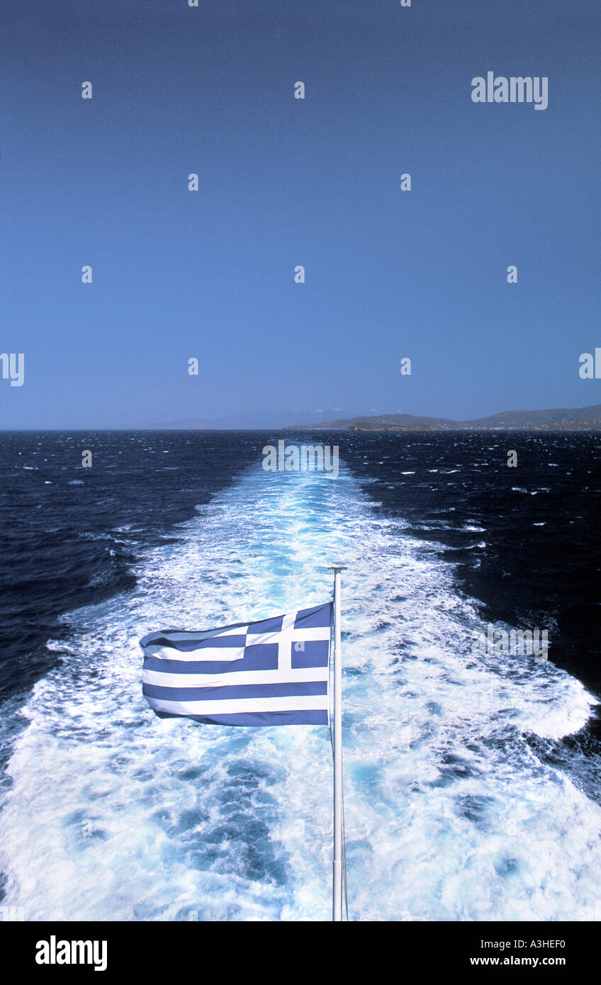 GREECE CYCLADES ISLANDS GREEK FLAG ON FERRY Stock Photo - Alamy