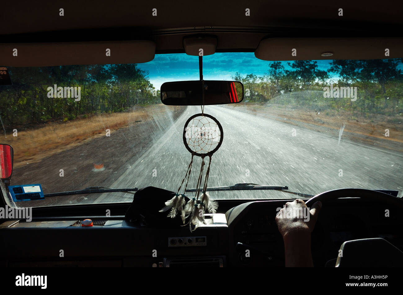 Windscreen view out of a hippie camper van on the highway, Northern ...