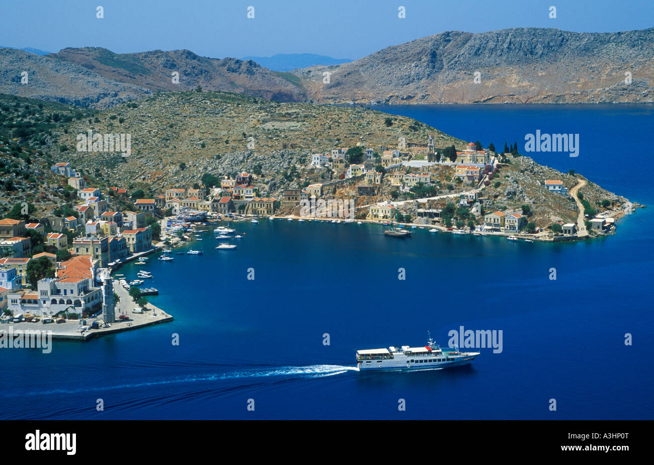 panoramic view of the capital of the Greek Island of Simi in the Aegean ...